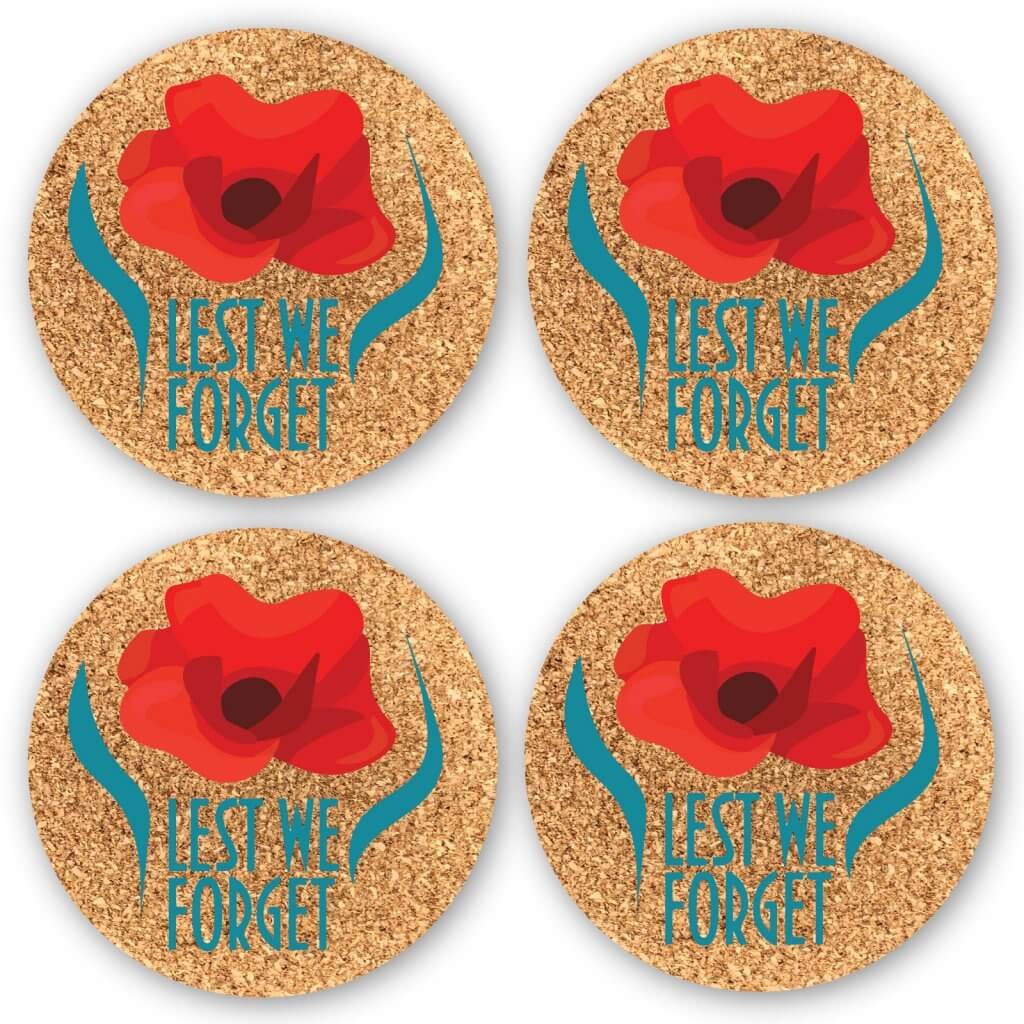 Set of 4 Lest we forget Poppy Cork Coasters, Remembrance Day Gift, Home ...